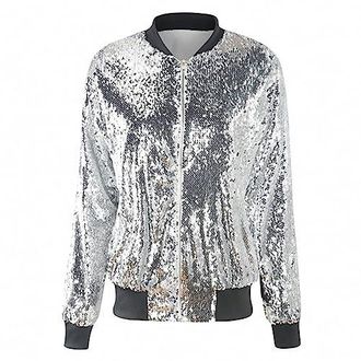 Generic Will Manteau pour femme &agrave; paillettes et manches longues et fermeture &eacute;clair, veste pilote dHalloween manteau &agrave; pois pour femme, argent&eacute;, XXL