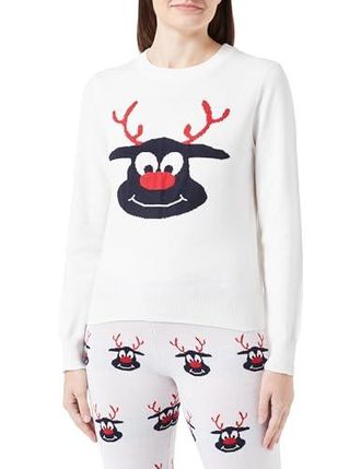 Only Onlxmas Reindeer Ls O-Neck Box KNT Pull Tricot&eacute;, Cloud Dancer/Motif : Sky Nuit/Chili Pepper, S Femme