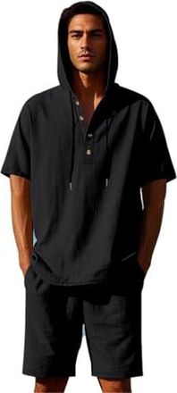 Generic Ensemble 2 pi&egrave;ces en lin pour homme - Coupe ample - L&eacute;ger - Pour l&eacute;t&eacute;, la course &agrave; pied, la plage, les vacances - Respirant, Noir, XL