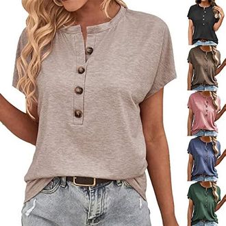 Generic T-shirt pour femme - Col en V avec boutons - Manches courtes - T-shirt basique d&eacute;t&eacute; - Coupe ample - &Eacute;l&eacute;gant - Stretch - D&eacute;contract&eacute; - Couleur unie, aK