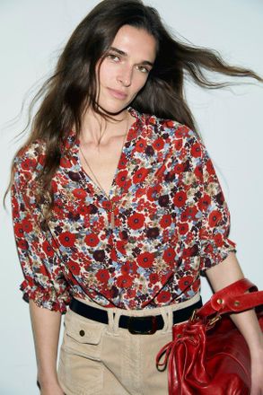 Gerard Darel Blouse fleurie &agrave; volants - LIV - Ecru