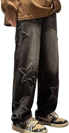 Generic Jeans Baggy pour Femmes, Taille Haute, &eacute;toile d&eacute;chir&eacute;e, Adolescentes, y2k, Rue Grunge, Jambe Droite, Denim (Noir,Grand)