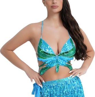 Generic V&ecirc;tements de yoga pour femme avec paillettes et papillons avec col, bleu ciel, taille unique