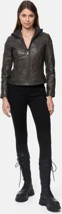 Tazzio Lederjacke F503 Damen Leder Jacke im Biker Look mit abnehmbarer Kapuze