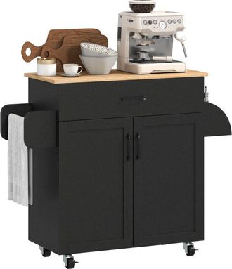 HOMCOM Desserte de cuisine - HOMCOM - multi-rangementstiroirs - placard 2 portes, &eacute;tag&egrave;re r&eacute;glable, porte-torchons et porte-&eacute;pices - noir