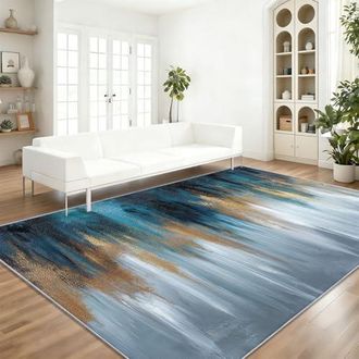 Generic Tapis de Salon Chambre Salle &agrave; Manger Adulte Bureau Design Fond Textur&eacute; Abstrait Poil Court Fin Doux L&eacute;ger R&eacute;sistant 120 x 180 cm, Bleu Or
