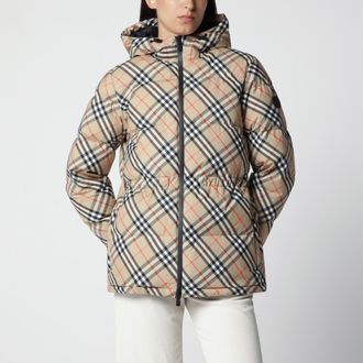 Burberry Daunenjacke mit Kapuze aus Check-Nylon in Sand
