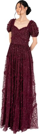Maya Damen Womens Maxi Dress Ladies Embellished Frilly Sweetheart Neckline Short Sleeve for Wedding Guest Bridesmaid Prom Ball Gown Kleid, Wine