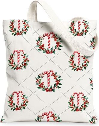 Generic Sac fourre-tout festif en toile, motif couronne de canne &agrave; sucre dorge, sacs de courses r&eacute;utilisables, l&eacute;gers et lavables avec bandouli&egrave;re, blanc, 13x