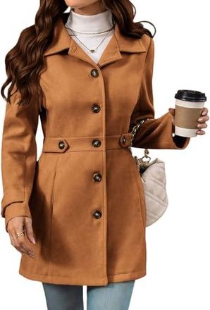 Generic Trench &agrave; simple boutonnage pour femme - Longueur mi-longue - V&ecirc;tement dext&eacute;rieur habill&eacute; - Revers crant&eacute; - Automne et hiver - Caban, marron, XXL
