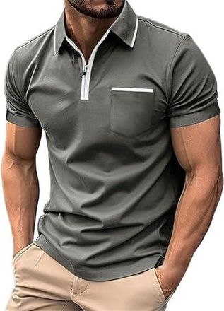 Generic Polo coupe classique pour homme - T-shirt &agrave; manches courtes - Col zipp&eacute; - Polo de golf avec poche - T-shirt daffaires respirant - T-shirt d&eacute;t&eacute; d&eacute;contr