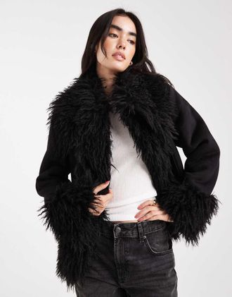 Asos Penny Lane - Manteau avec bordures en fausse fourrure - Noir