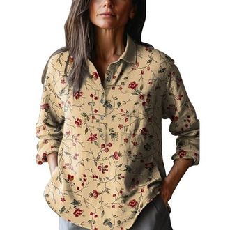 Generico Chemise Femme &Eacute;l&eacute;gant Manches Longues Chemises Coton Et Lin Curvy Respirant T Shirt Col en V Mode Chemisier Vintage Fantaisie avec Boutons Classique B