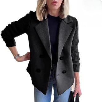 Generic Manteau d&eacute;contract&eacute; &agrave; manches patchwork en tricot &agrave; revers pour femme avec boutons &agrave; revers et double boutonnage, Noir, XXL