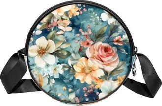 Generic Petit sac &agrave; bandouli&egrave;re circulaire pour femme, motif feuilles florales, sac &agrave; dos avec fermeture &eacute;clair, bretelles r&eacute;glables, sac &agrave; main rond d&eacute;contra