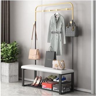 Generic Banc à chaussures dentrée avec assise rembourrée 7 crochets Cadre en métal noir 100 cm - Solution de rangement élégante pour chaussures et manteaux Pa