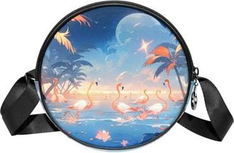 Generic Sac &agrave; bandouli&egrave;re rond pour femme, motif flamants roses, petit sac &agrave; bandouli&egrave;re avec fermeture &eacute;clair, bretelles r&eacute;glables, sac &agrave; main rond d&eacute;contrac