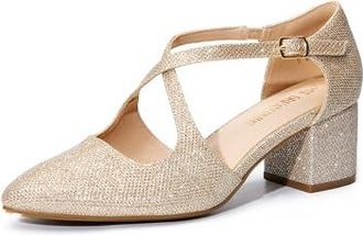 Dream Pairs Escarpins &agrave; talons &eacute;pais pour femme - Bout pointu - Confortables - Sangle crois&eacute;e - Talon bloc - Pour f&ecirc;te, danse, mariage, Paillettes dor&eacute;es., 38.5 E
