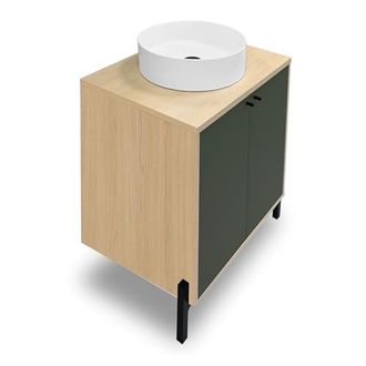 Demeyere Lave Main WC avec Meuble Salle De Bain, 2 Portes & 1 Etag&egrave;re Tendance en Bois - Coloris Vert Min&eacute;ral & Ch&ecirc;ne Vincenza - 69,2 x 78,2 x 49,8 cm