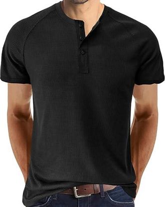 Generic T-shirt &agrave; motif gaufr&eacute; pour homme - L&eacute;ger - Col rond - Manches longues - T-shirt basique en coton &agrave; manches courtes - Bouton - Pour homme - Chemise He