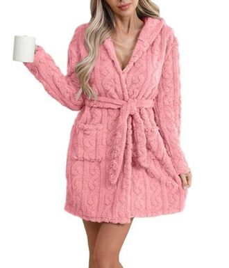 Generic Peignoir court en polaire pour femme avec capuche, rose, XL