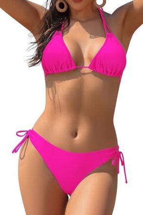 SHEKINI Ensemble de bikini pour femme - Dos nu - Triangle classique - Haut de bikini imprimé - Triangle sexy - Bas de bikini réglable, Rose fluorescent, XL