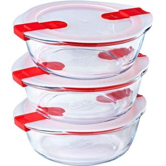 Pyrex Set von 3 Lunchboxen - PYREX - Cook & Heat - Glas - Rund - Deckel mit speziellen Dampfl&ouml;chern f&uuml;r die Mikrowelle - 1,1 L
