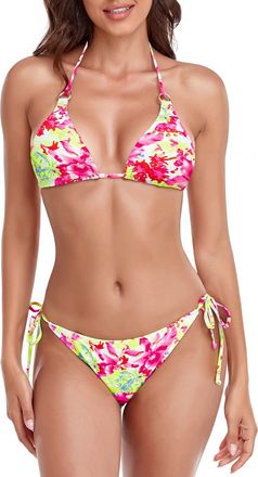 Relleciga Damen Triangel Bikini Set, Fuchsia Blumenmuster, Large