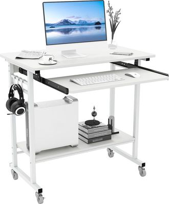 Costway Schreibtisch mit Rollen, Tastaturablage, platzsparender Computertisch PC-Tisch mit Ablagefläche unten und Haken, industrieller Laptoptisch für das Hei