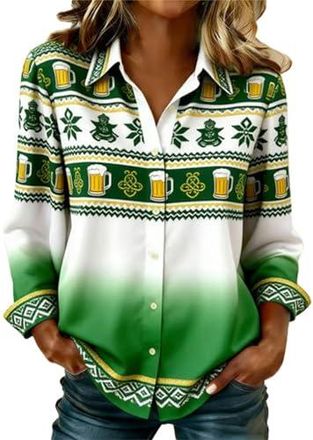 Generic Chemisiers en satin pour femme - Chemise boutonn&eacute;e &agrave; manches longues - Tr&egrave;fle porte-bonheur - En satin de soie - Col en V - Style d&eacute;contract&eacute; - Coupe 