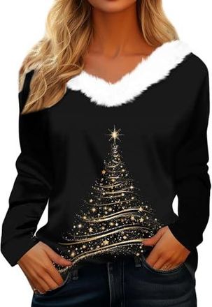 Generic Pull de No&euml;l pour femme avec col en V et fausse fourrure - Pull de No&euml;l fantaisie festif 2025 - Doux et chaud - Pour les vacances - Confortable - Pull