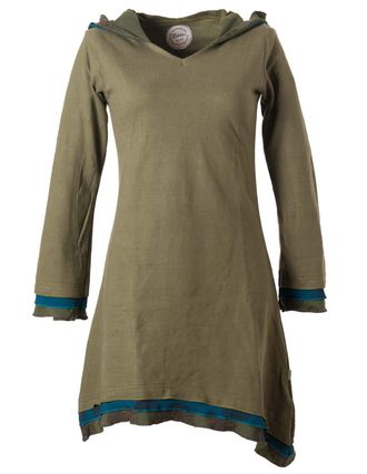 vishes Alternative Bekleidung - Asymmetrisches Lagenlook Kleid Longshirt Zipfelkapuze Baumwolle Olive 48-50