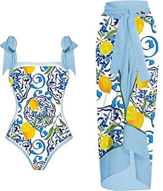 Generic T-shirt homme femme imprimé citron 1 pièce + 1 pièce couverture maillot de bain deux pièces imprimé vintage bikini monokini 2 pièces débardeur de camp