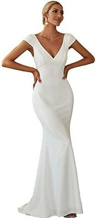 Ever-pretty Robe de Soirée Longue pour Mariage Femme Sirène Col V Manches Courtes Chic Blanc 40