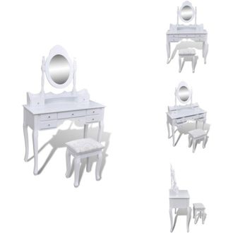 vidaXL Schminktisch mit Spiegel und Hocker 7 Schubladen Wei&szlig; - Schminktisch - Frisiertisch - Make Up Tisch - Vanity Table - Spiegelschrank