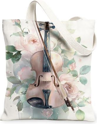 Generic Sacs fourre-tout en toile pour violon floral, motif rose artistique, sacs d&eacute;picerie, sacs d&eacute;picerie r&eacute;utilisables, l&eacute;gers et lavables, blanc, 13x15 In