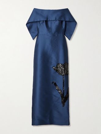 Erdem Robe Du Soir &Eacute;paules Nues En Mikado &Agrave; Ornements - Bleu