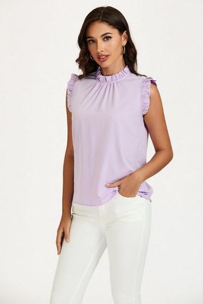 FS Collection Blusentop Damen Blusentop &auml;rmellos mit R&uuml;schenkragen elegante Sommerbluse R&uuml;schenkragen und R&uuml;schenbesatz an den Schultern