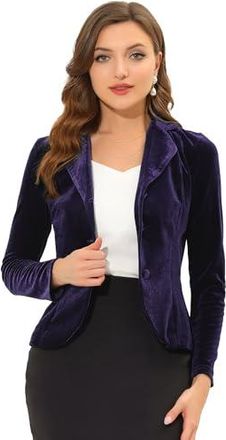 Allegra K Blazer Cintré en Velours Femme À Revers Cranté et À Manches Longues Veste de Costume Boutonnée Violet foncé M