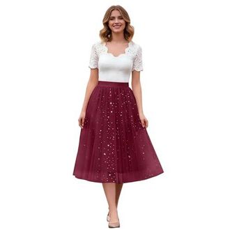 Generic Jupe pour femme avec &eacute;toiles paillet&eacute;es, 3 couches, jupe midi en tulle noir &eacute;lastique, Rouge past&egrave;que, L