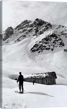 Posterlounge An der Berghütte Leinwandbild von Vintage Ski Collection 40 x 60 cm Schwarz-Weiß Wandbilder Wanddeko