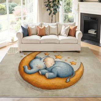 Generic Tapis &agrave; Motif &Eacute;l&eacute;phant De Dessin Anim&eacute; Lune Grand Antid&eacute;rapant &agrave; Poils Courts Doux Chambre Poil Ras de Sol Brun Clair, 140 x 200 cm