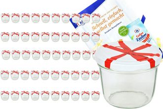 MamboCat 50er Set Sturzglas 230 ml to 82 weißer Deckel mit Schleifendekor incl. Diamant Gelierzauber Rezeptheft Marmeladenglas Einmachglas Einweckglas