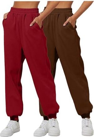 Generic Lot de 2 pantalons de jogging doublés en polaire pour femme - Pantalon de jogging chaud avec poches - Pantalon de survêtement thermique avec cordon de