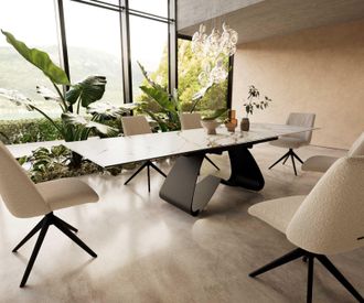DELIFE Esstisch Edge 200-300x100 Keramik Calacatta Luxe Weiß-Gold-Grau W-Gestell Schwarz ausziehbar, Esstische