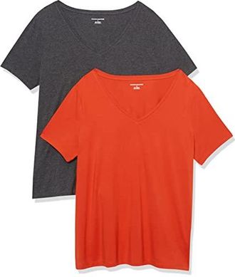 Amazon Essentials T-shirt À Manches Courtes et Col En V, Grande Taille Femme, Lot de 2, Charbon Chiné/Rouge Tomate, 5XL Grande taille