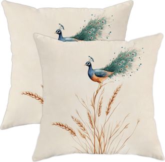 Generic Herbstpfauenvogel Zierkissenbezug Weich Kissenbezug Dekorative Dekokissen F&uuml;r Schlafzimmer Bett Heimdekoration 45X45Cm 2Er Set
