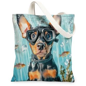 Generic Summer Doberman Sac fourre-tout en toile r&eacute;utilisable pour faire du shopping 33 x 38,1 cm, motif chiot nautique marin marin pour femme, motif amusant 