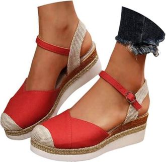 Generic Sandales compens&eacute;es &agrave; bout ferm&eacute; pour femme, espadrilles &agrave; talons bas, semelle compens&eacute;e &agrave; bout ferm&eacute;, &eacute;lastique, coupe large, sangle de cheville r&eacute;gl