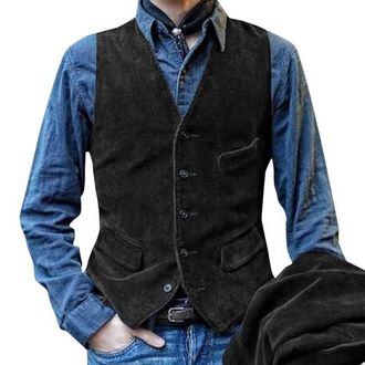 Generic Gilet daffaires en velours côtelé pour homme avec poches, style décontracté, classique, vintage, col en V, pour mariage, fête, dîner, Gilets noirs pou